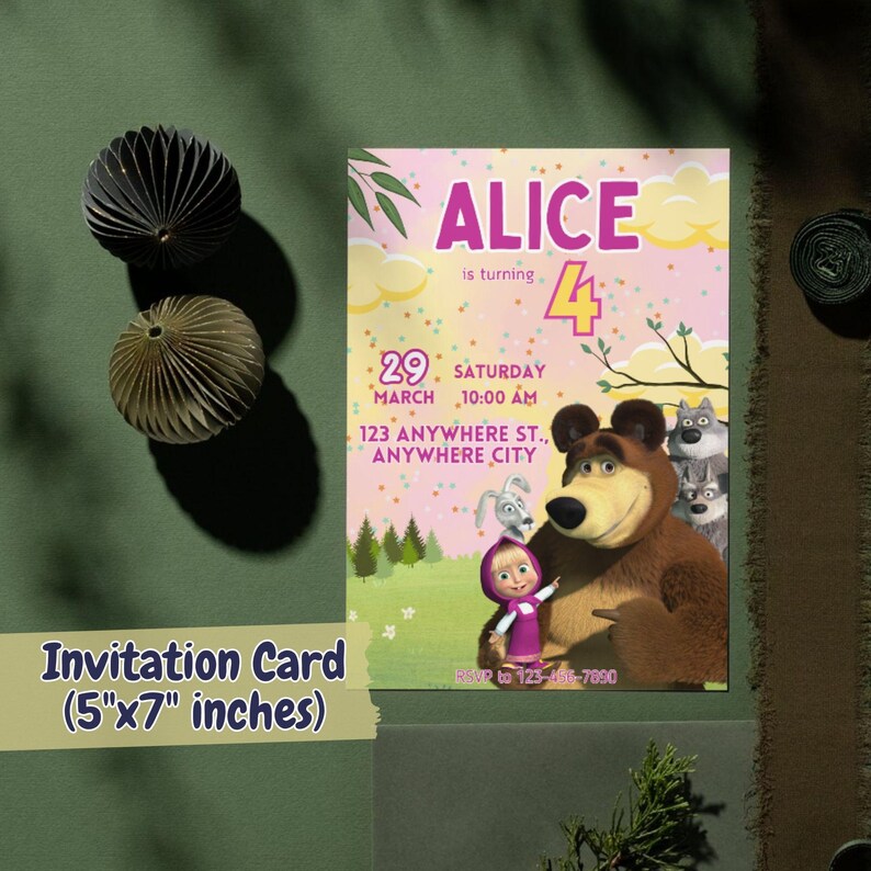 Editable Masha and the Bear Birthday Invitation, Girls Party Invitation ...