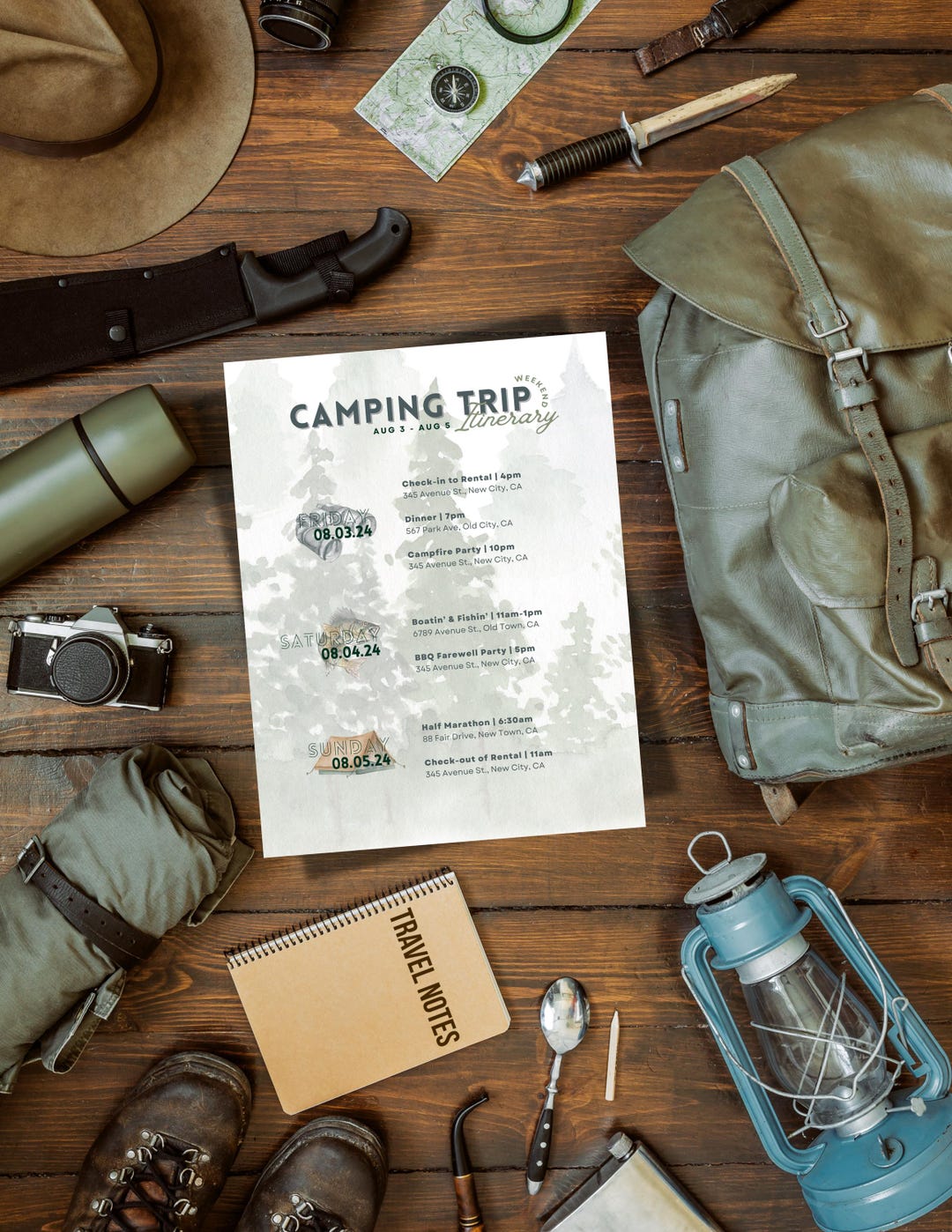Camping Trip Itinerary Template - Weekend Outdoor Adventure Planner ...