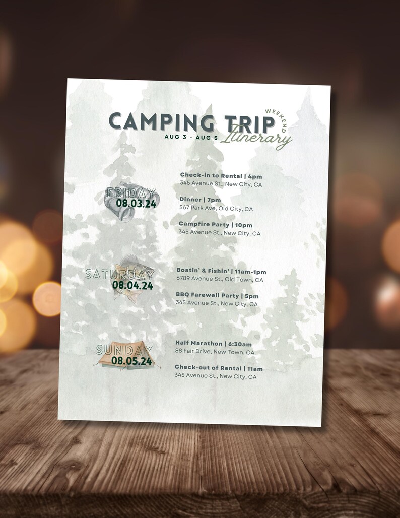 Camping Trip Itinerary Template - Weekend Outdoor Adventure Planner ...