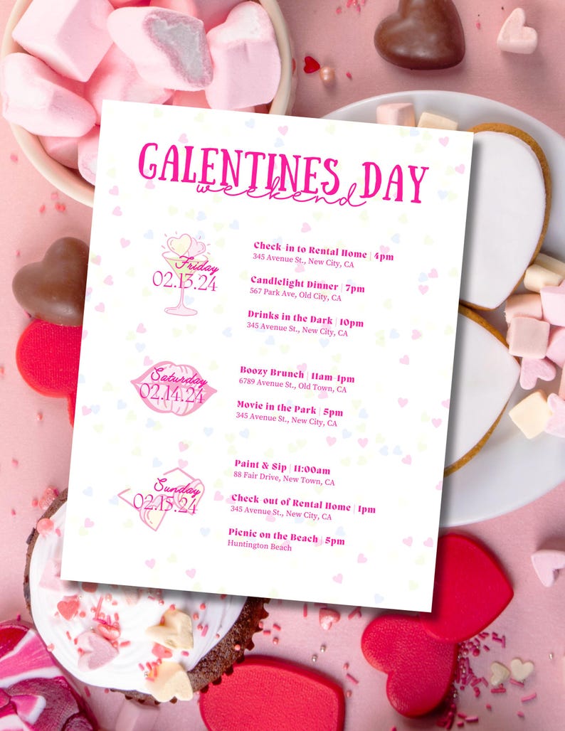Galentines Day Weekend Itinerary Canva Template | Girly Pink Girls Trip ...