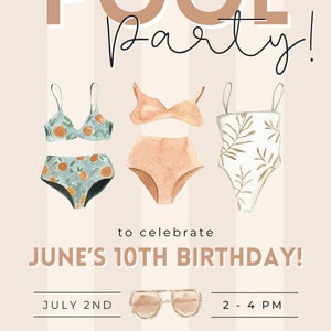 Custom Printable Neutral Pool Party Invitation | Girls Digital Party ...