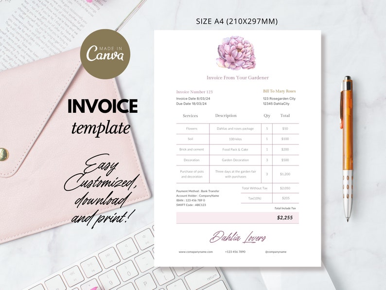 Elegant Invoice Canva Template, Printable Receipt for Small Businesses ...