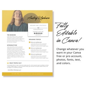 Speaker One Sheet Template Canva I Slide Deck Template Canva I Author Media Kit Canva Template I ...
