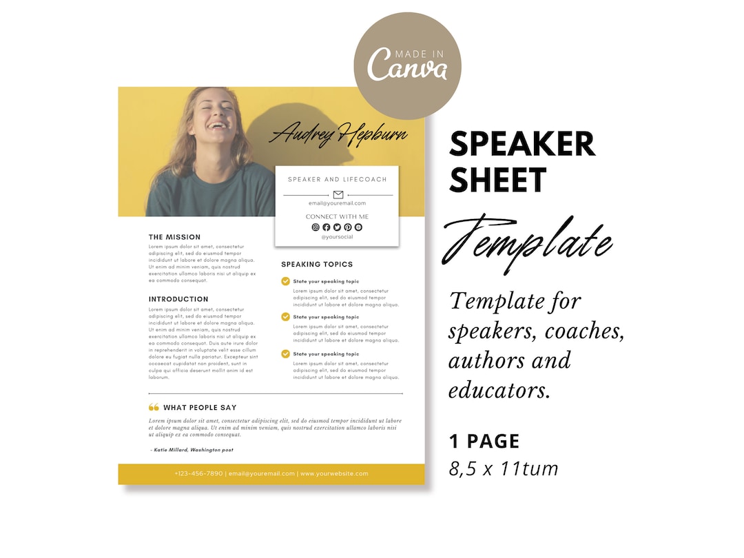 Speaker One Sheet Template Canva I Slide Deck Template Canva I Author Media Kit Canva Template I ...