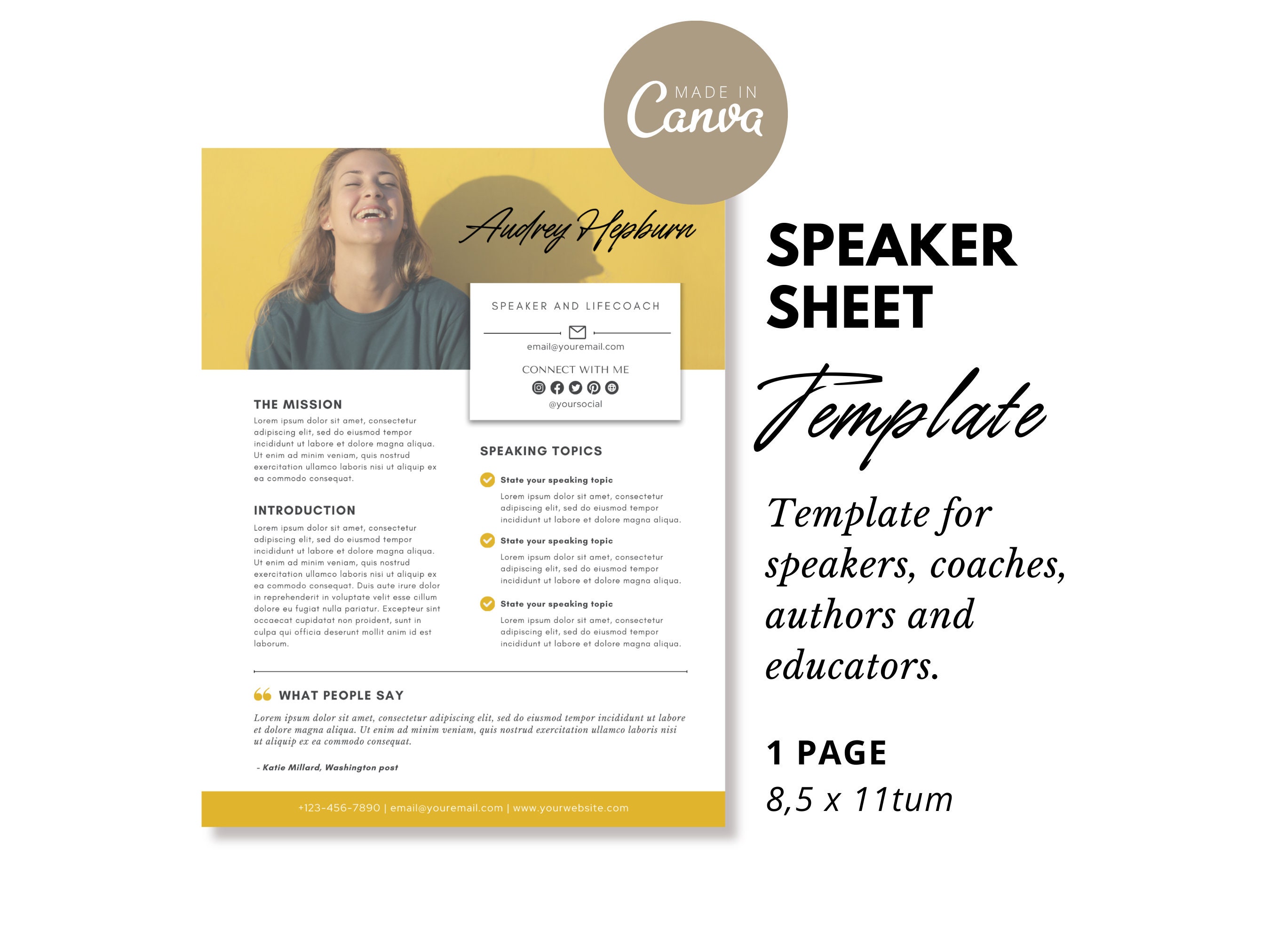 Speaker One Sheet Template Canva I Slide Deck Template Canva I Author Media Kit Canva Template I ...