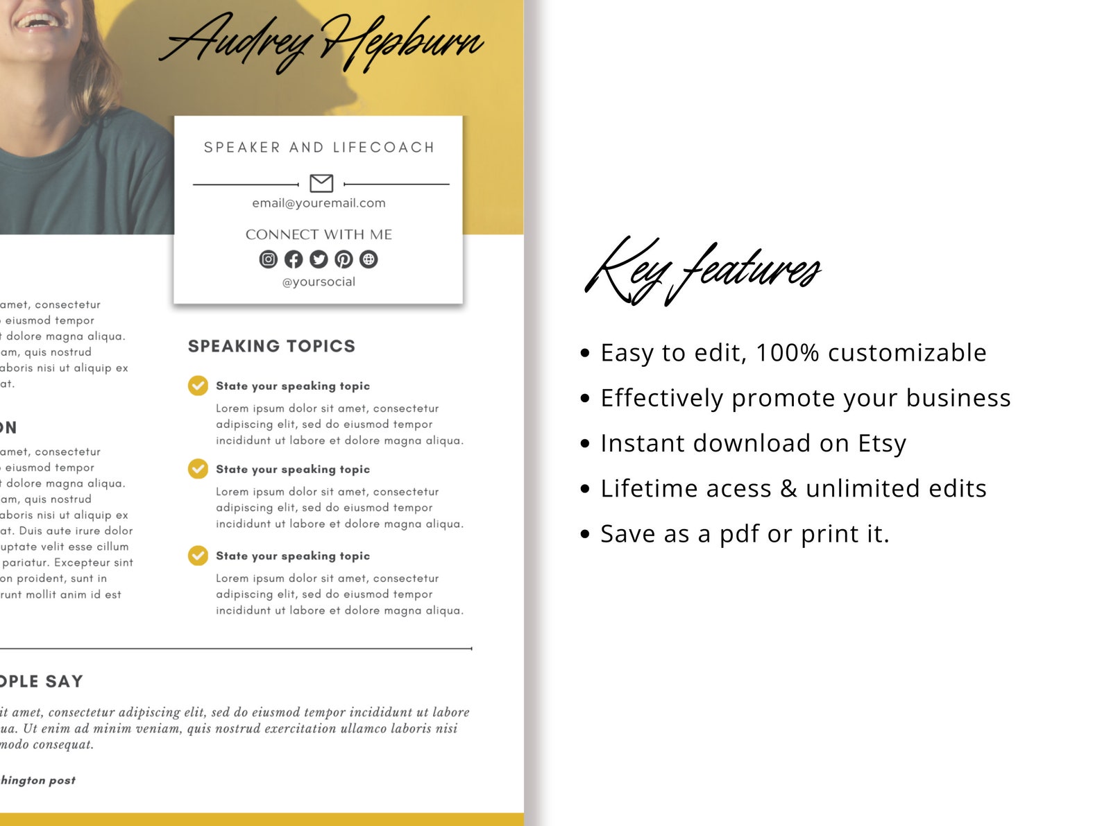 Speaker One Sheet Template Canva I Slide Deck Template Canva I Author Media Kit Canva Template I ...