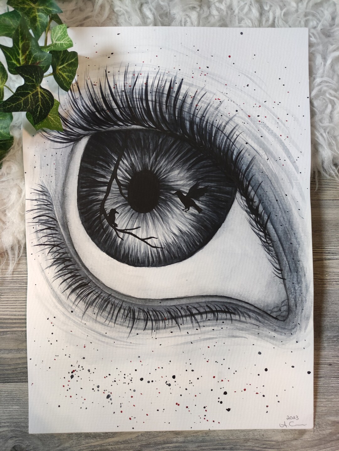 Hand-painted A3 Watercolor Painting Eye With Raven - Etsy