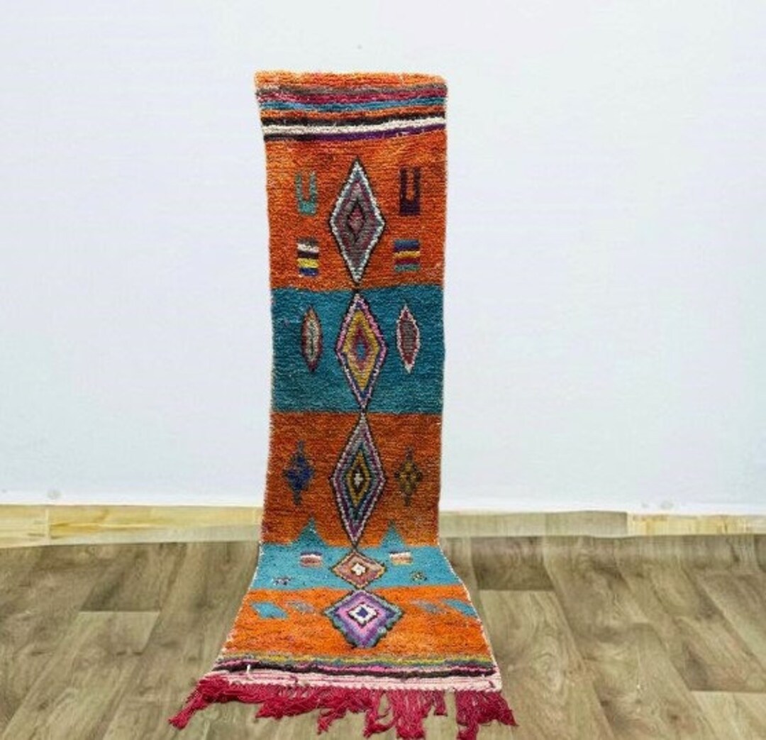 Entrance Runner Mat With Fleece Pattern, Vintage Moroccan Runner ...