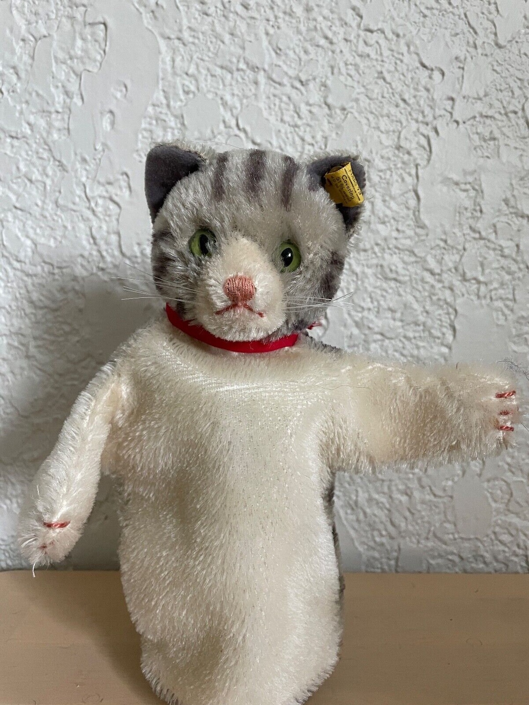 RARE Steiff White / Grey Tabby Cat Puppet With Bow and Yellow Tag ...