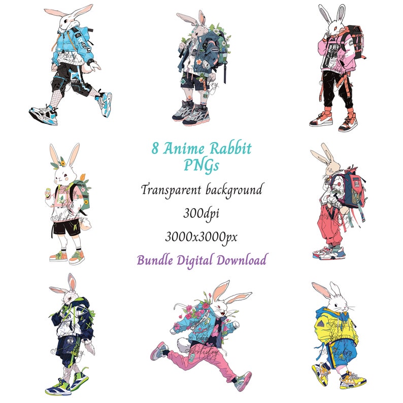 8 Modern Clothes Anime Rabbit Clipart Bundle High Quality Anime Rabbit ...