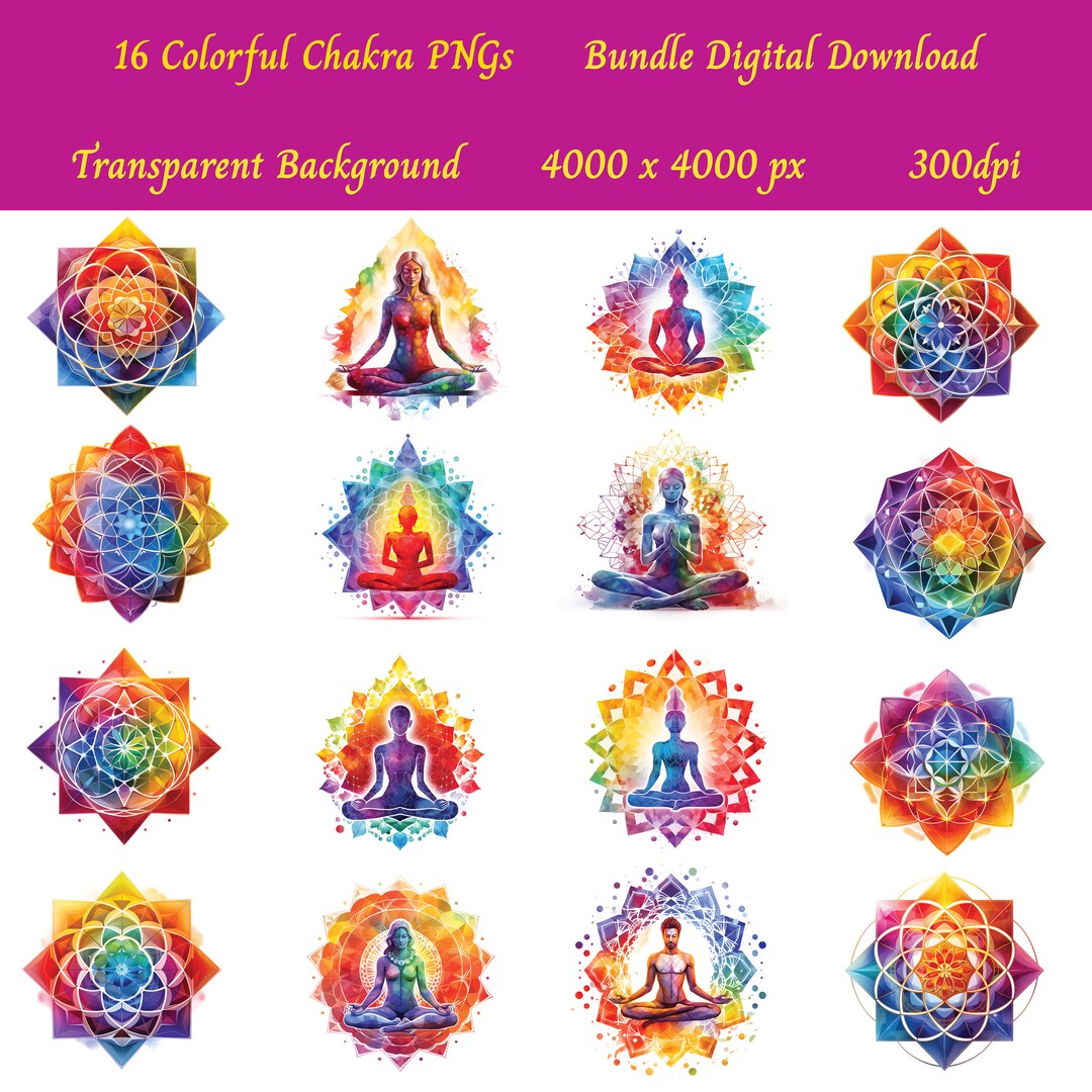 16 Colorful Chakra Clipart Yoga PNG Bundle - High Quality Chakra ...