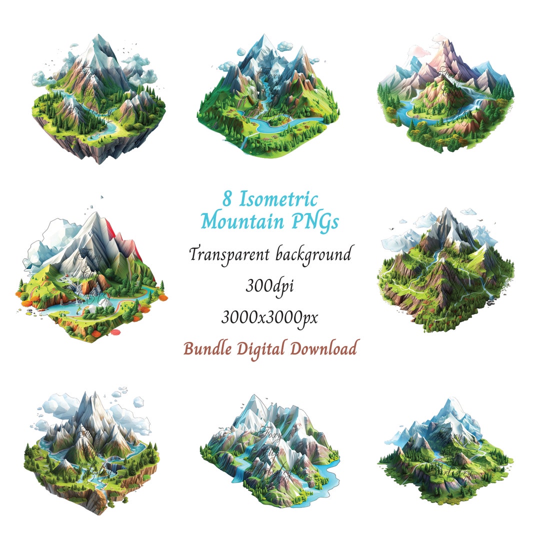 8 Isometric Mountains Clipart Bundle High Quality Mountain PNG Clipart ...