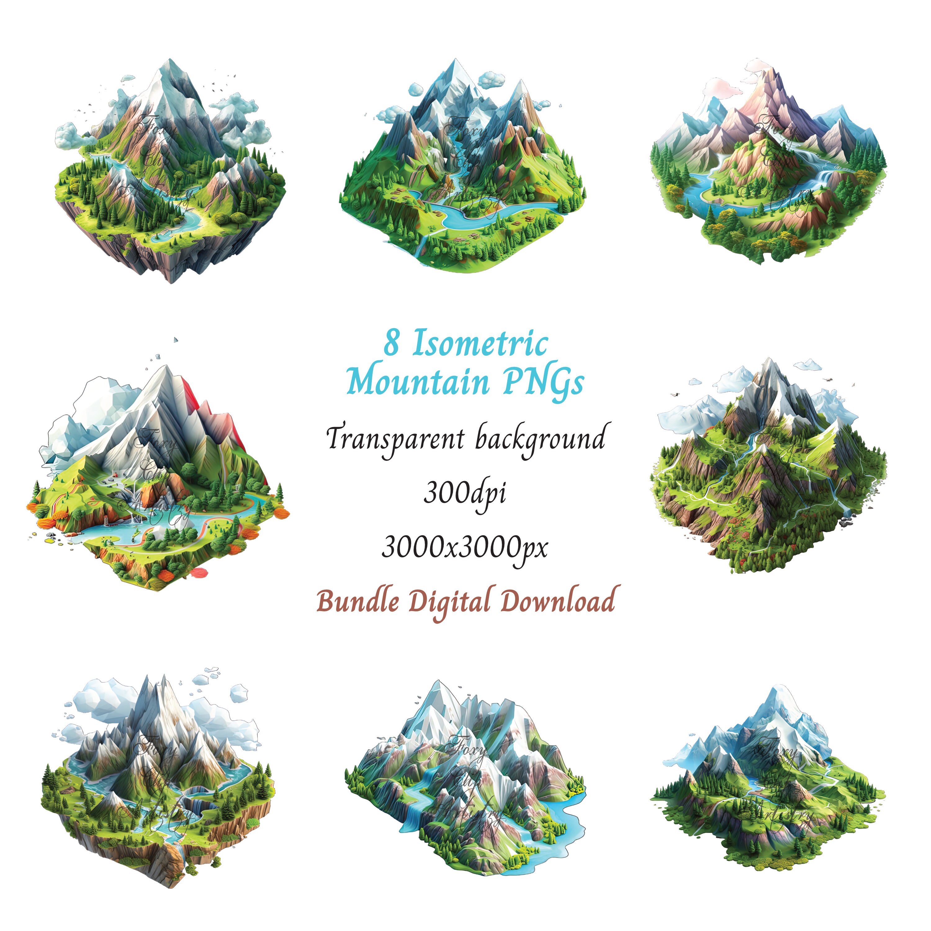 8 Isometric Mountains Clipart Bundle High Quality Mountain PNG Clipart, Transparent PNG, Instant ...