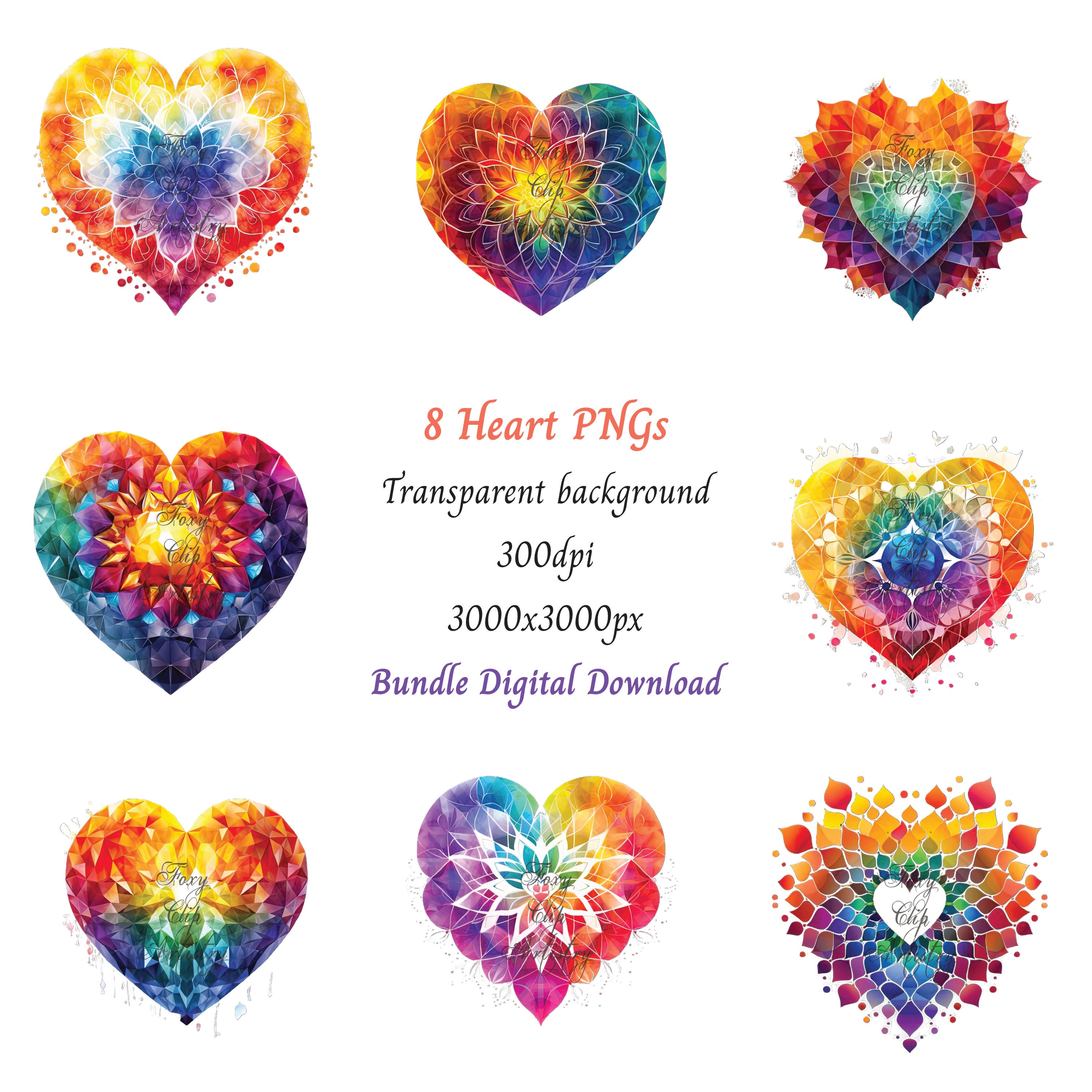8 Colorful Heart Clipart Yoga PNG Bundle High Quality Crystal Chakra ...