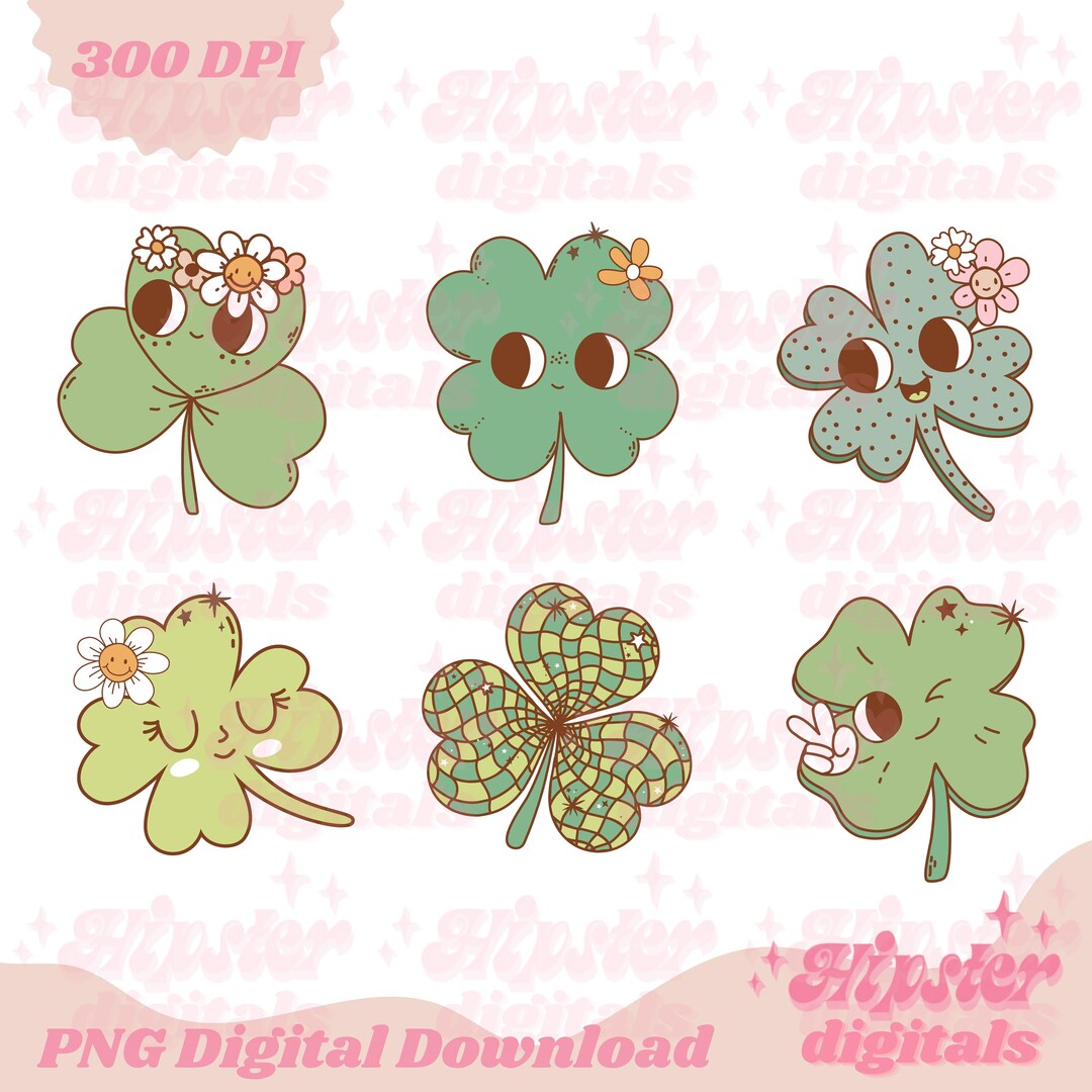 Retro Clovers PNG | St Patricks Day Png, Clover Png Sublimation, Groovy ...
