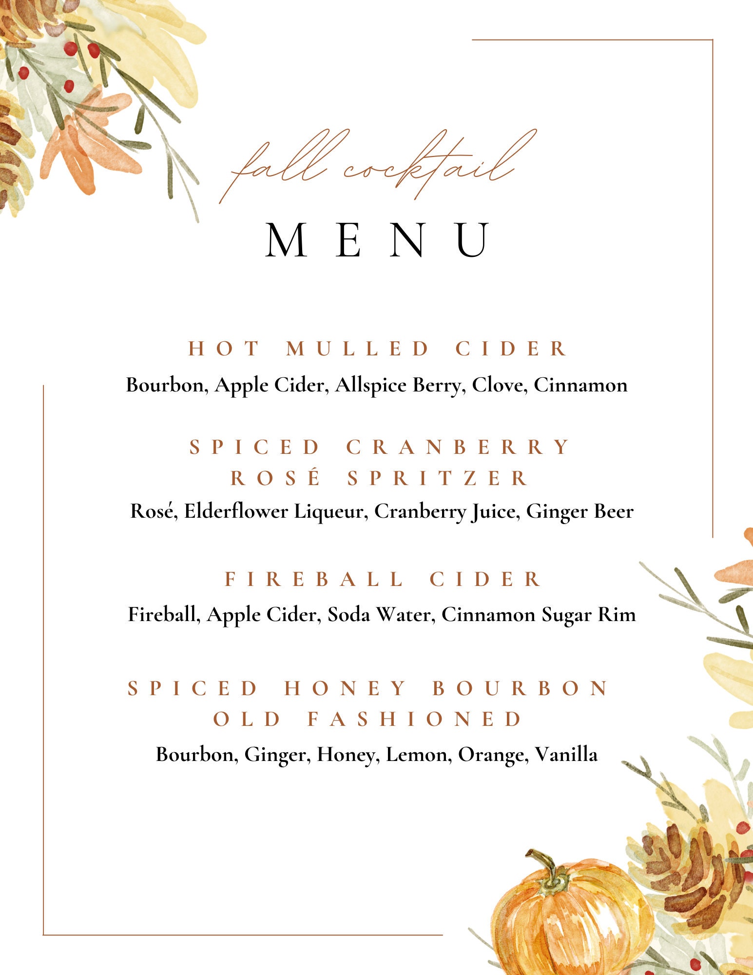 Fall Cocktail Menu, Digital Download, Printable, Perfect for a Fall ...