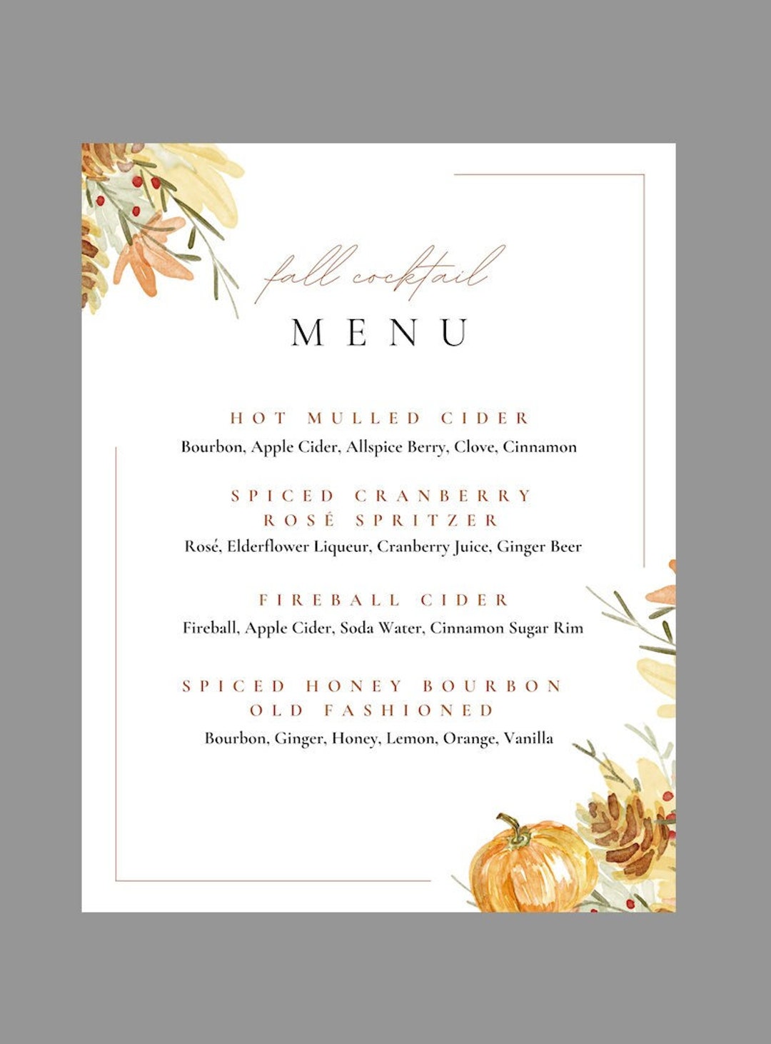 Fall Cocktail Menu, Digital Download, Printable, Perfect for a Fall ...