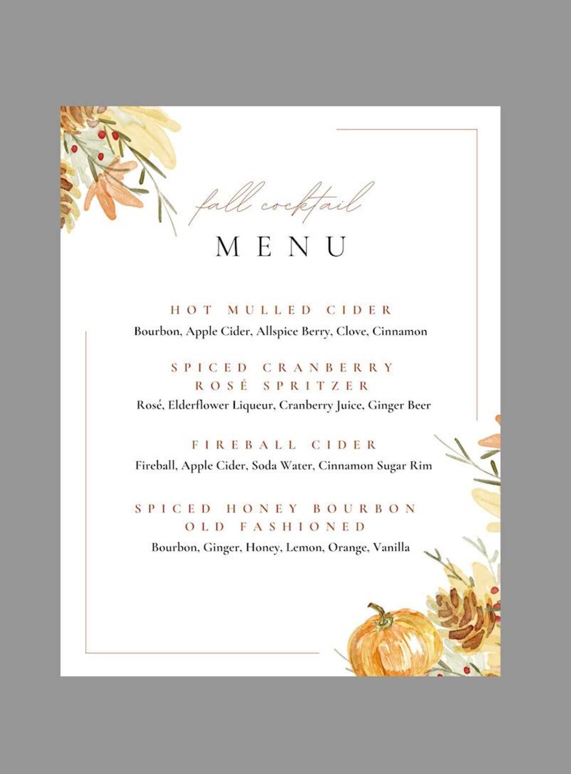 Fall Cocktail Menu, Digital Download, Printable, Perfect for a Fall ...
