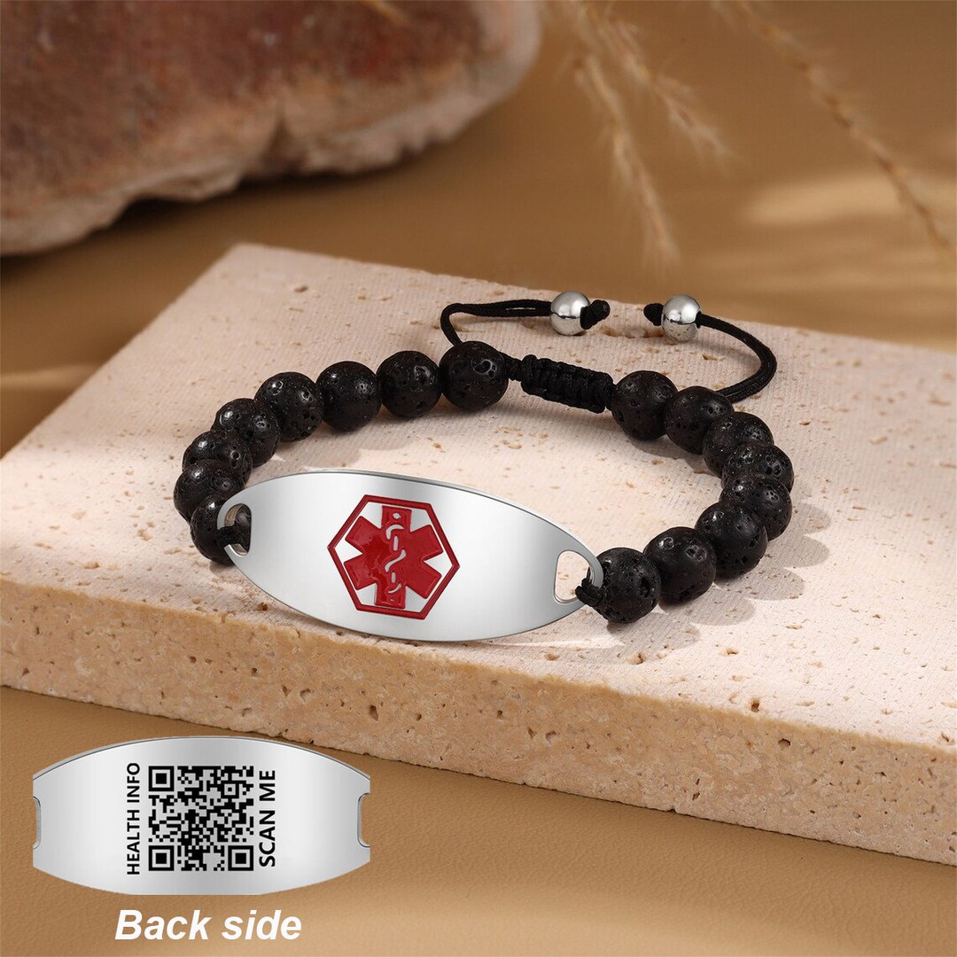 Custom QR Code Medical Alert Beaded Bracelet Emergency Identification ...