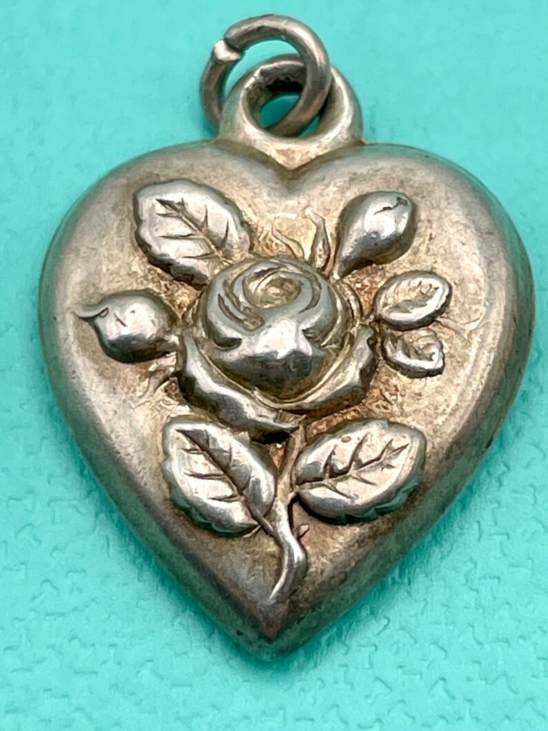 Victorian Antique Puffy Heart Charm Repousse Flower Design Sterling ...