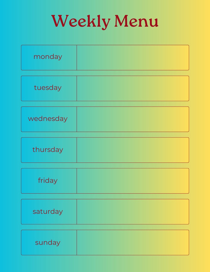 Weekly Menu Template - Etsy