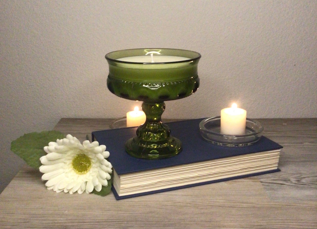 Candle in Vintage Indiana Glass Compote Kings Crown Thumbprint Patern ...