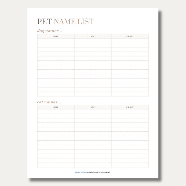 Pet Name Tracker Pet Name List Printable Dog Name List Cat Name List ...