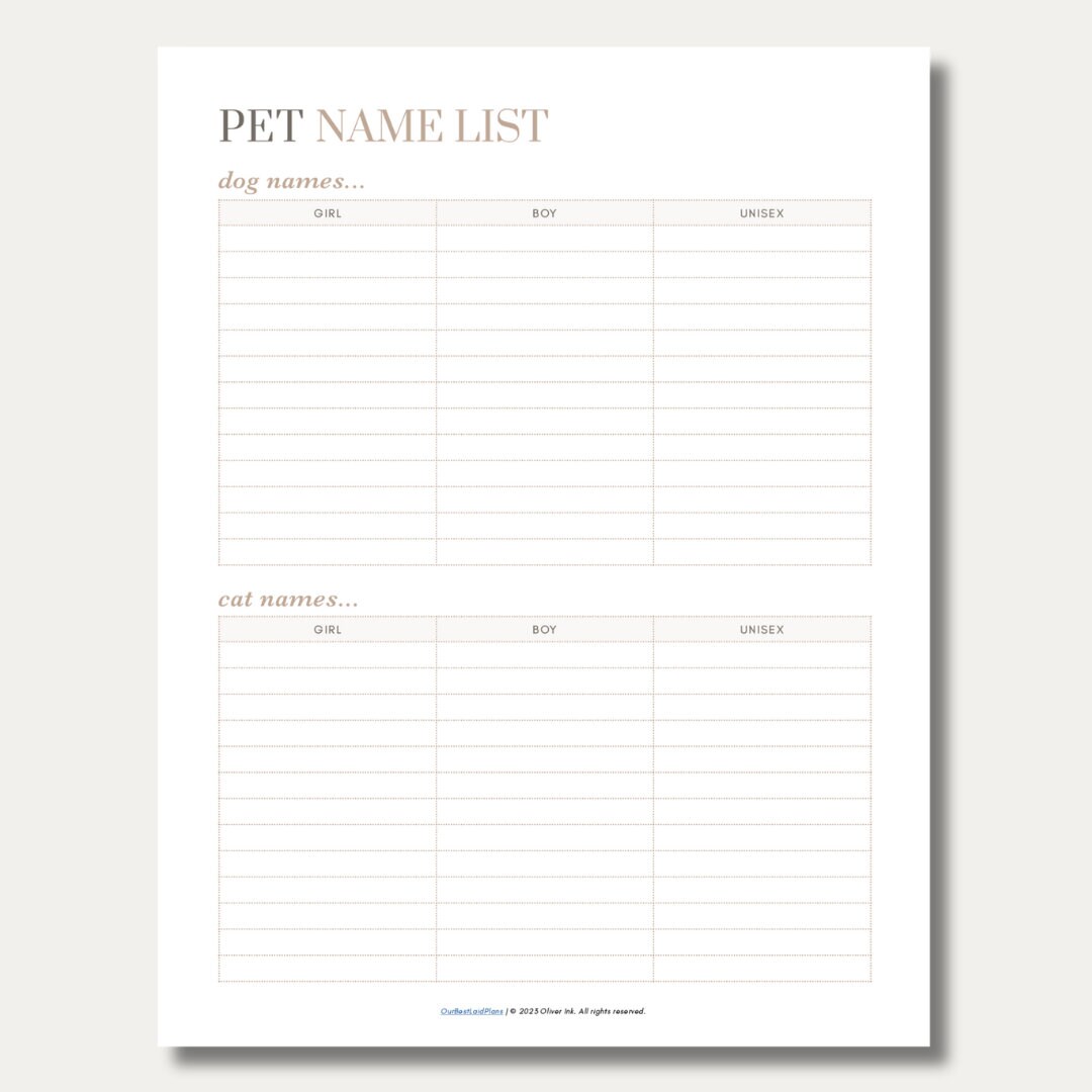 Pet Name Tracker Pet Name List Printable Dog Name List Cat Name List Pet Name Tracker Pet Name List Printable Dog Name List Cat Name List