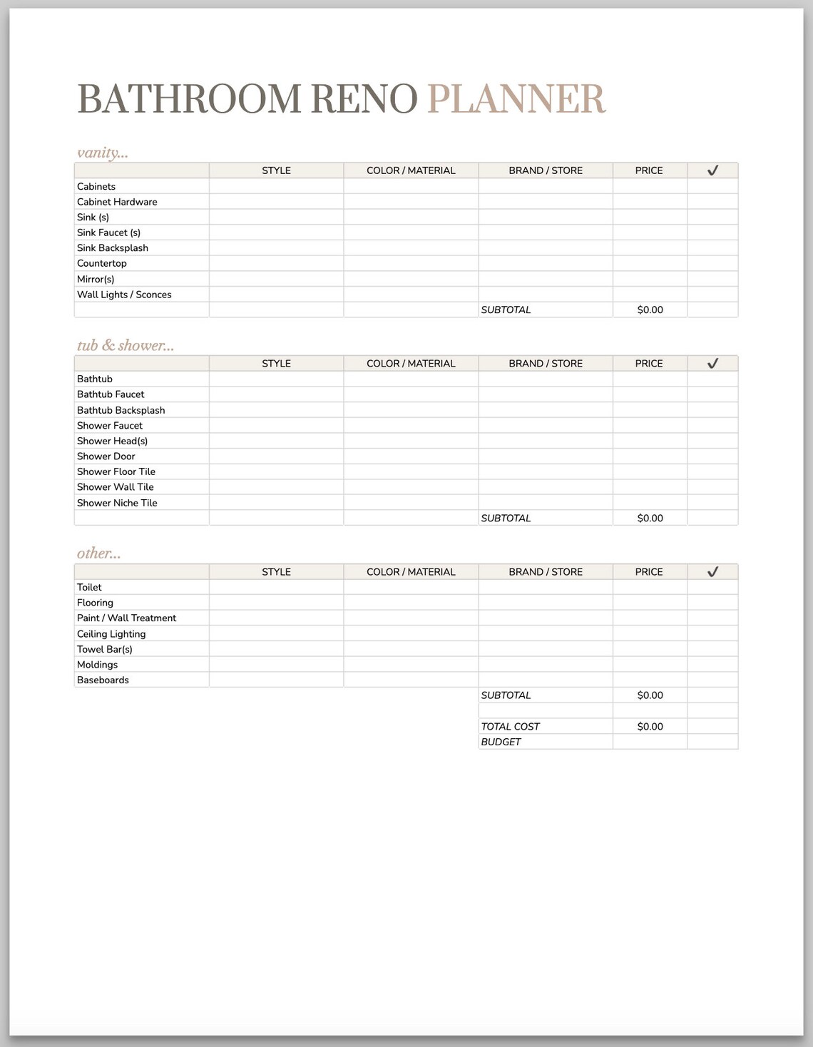 Bathroom Renovation Planner Printable PDF Google Sheets Editable ...