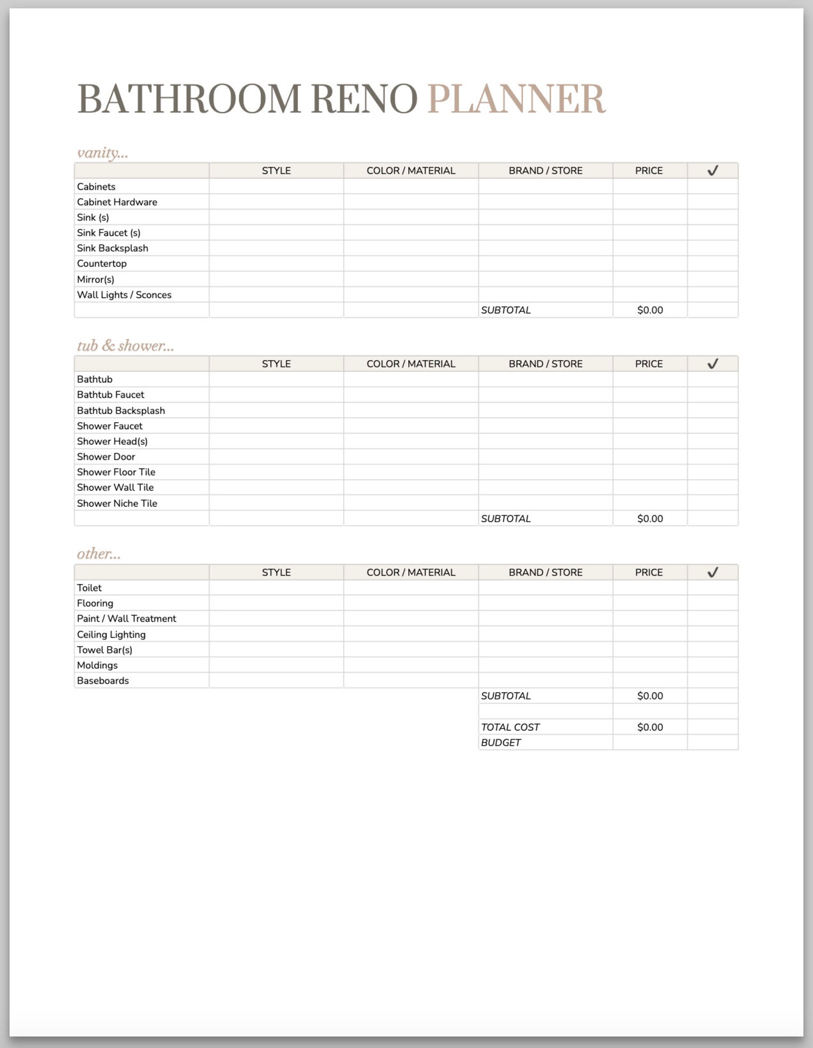 Bathroom Renovation Planner Printable PDF Google Sheets Editable ...