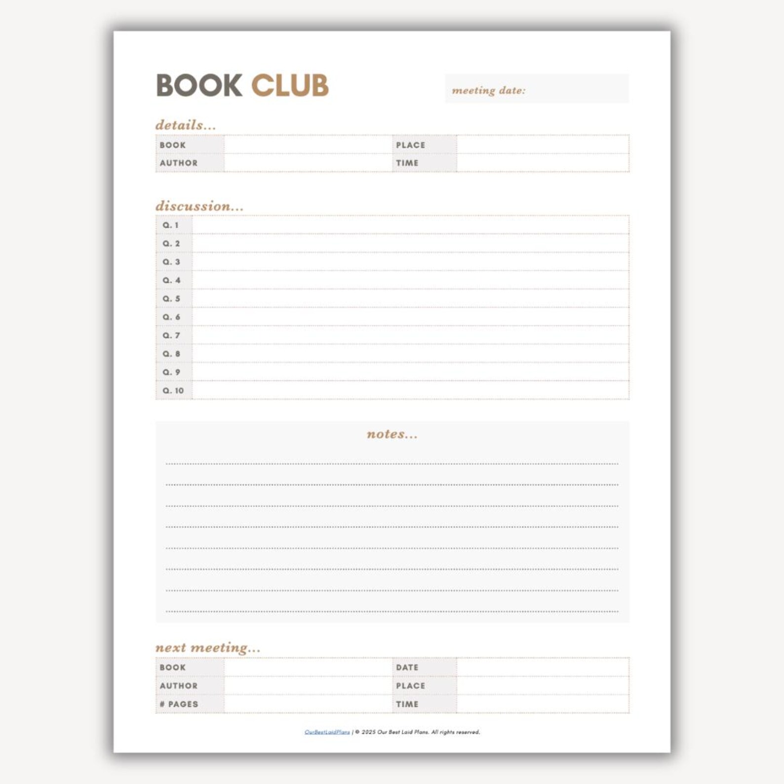 Book Club Meeting Planner One Page Planning Page Printable PDF Book ...