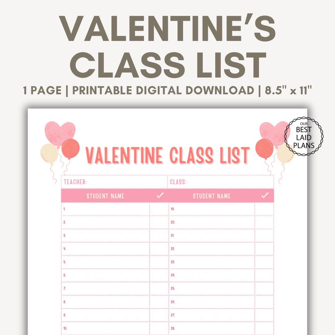 Valentines Class List Printable PDF, Valentines Card List, Valentines ...