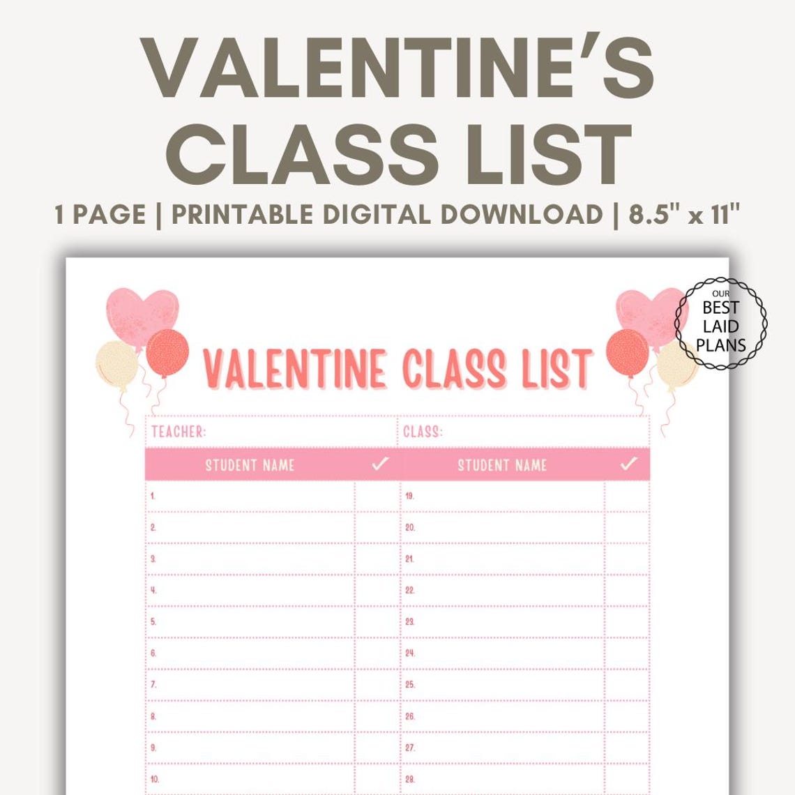 Valentines Class List Printable PDF, Valentines Card List, Valentines ...