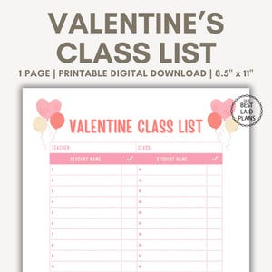 Valentines Class List Printable PDF, Valentines Card List, Valentines ...