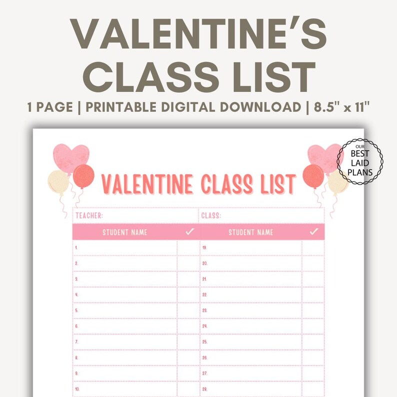 Valentines Class List Printable PDF, Valentines Card List, Valentines ...