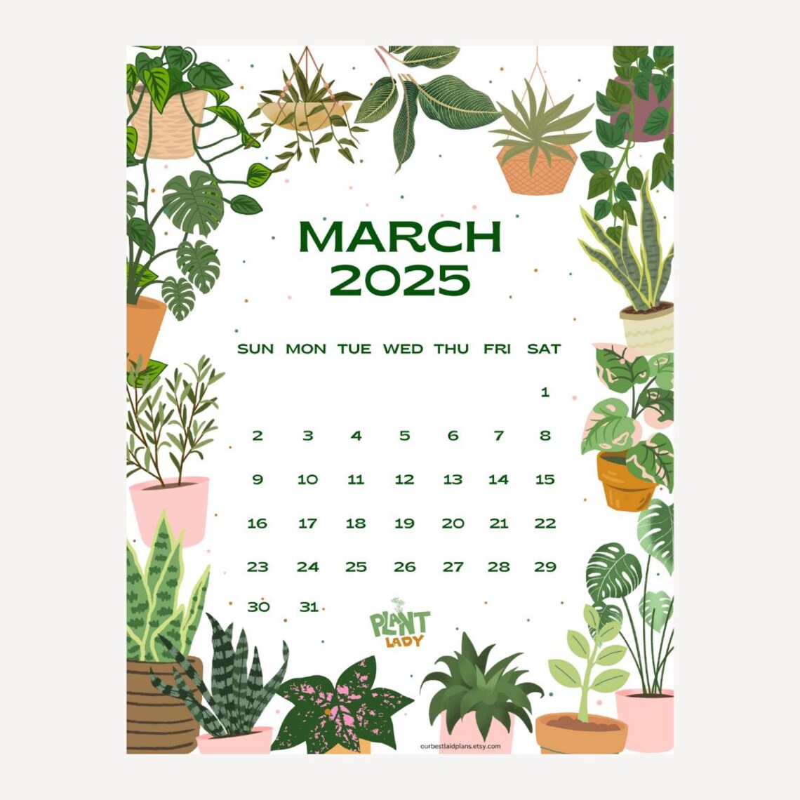 March 2025 Calendar Printable PDF Monthly March 2025 Calendar Plant ...