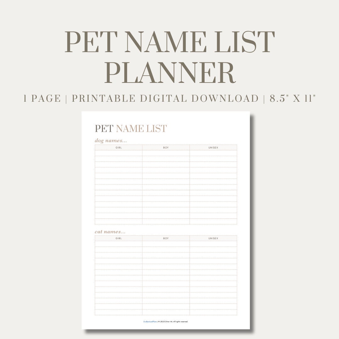 Pet Name Tracker Pet Name List Printable Favorite Things Etsy