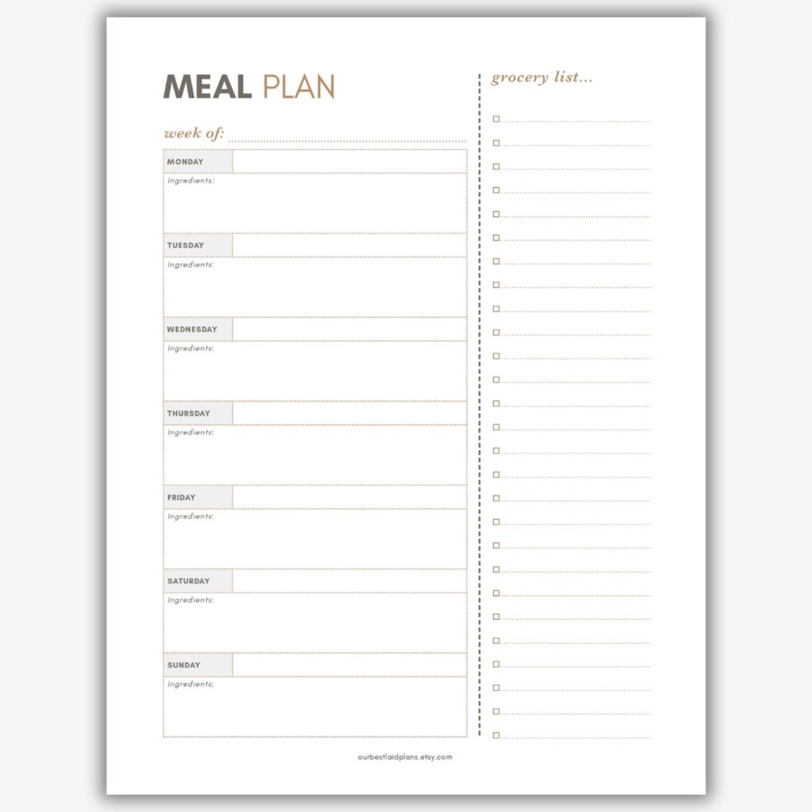 Meal Planner Template With Ingredient List, Weekly Meal Planner With ...