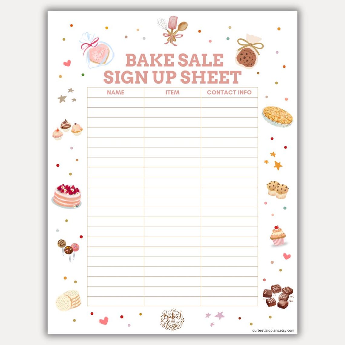 Bake Sale Sign up Sheet Printable, Bake Sale Fundraiser Sign up Sheet ...