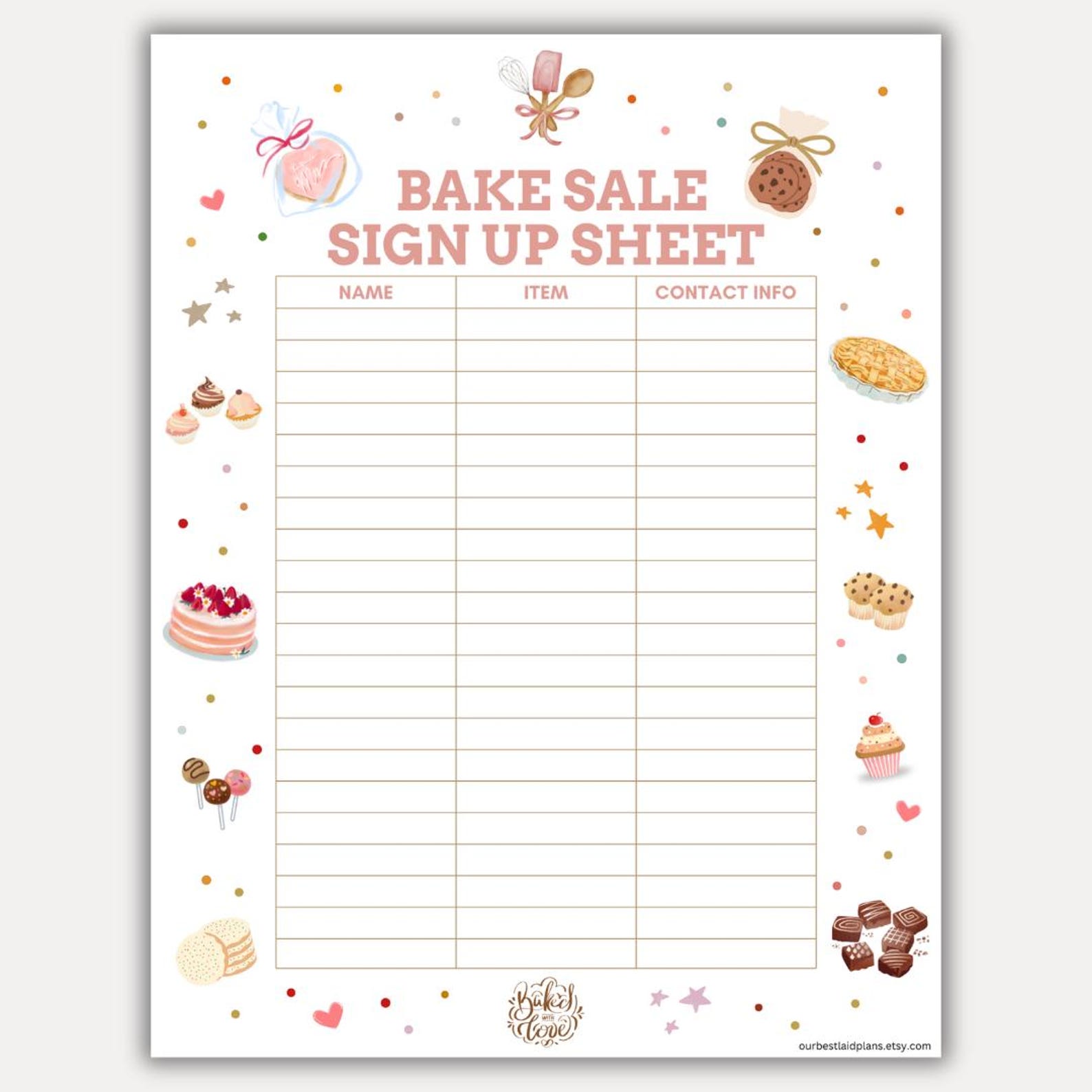 Bake Sale Sign up Sheet Printable, Bake Sale Fundraiser Sign up Sheet ...