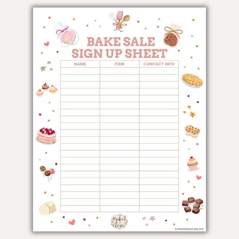 Bake Sale Sign up Sheet Printable, Bake Sale Fundraiser Sign up Sheet ...