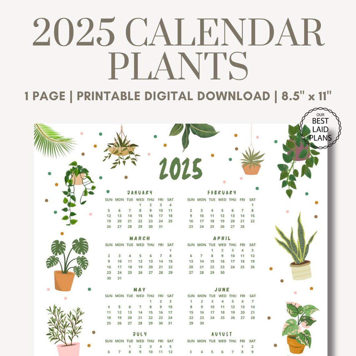 2025 Calendar Printable Plant Theme 2025 at a Glance Calendar 2025 ...