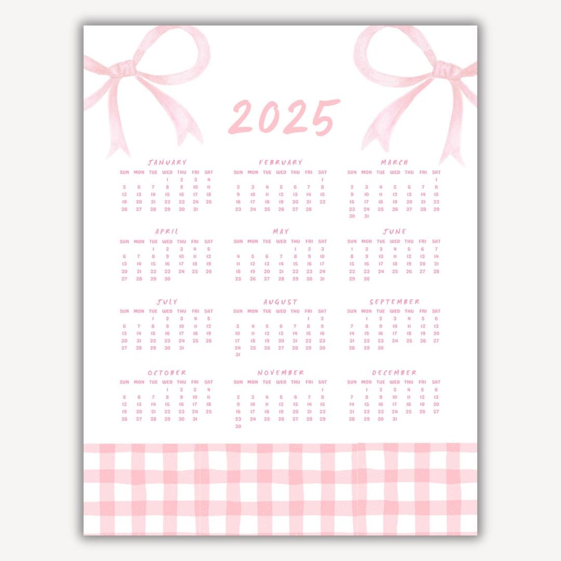 Calendar 2025 Pink Bows, 2025 Calendar With Bows Pink, Calendar for ...
