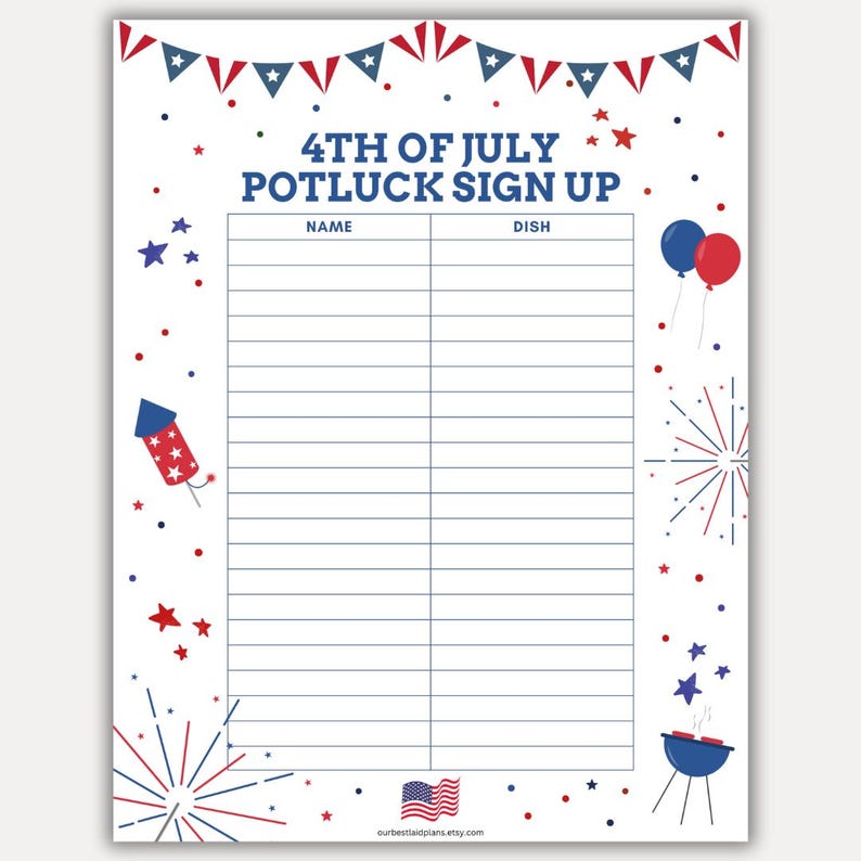 4th of July Potluck Sign up Sheet Printable, 4th of July Potluck Sign ...