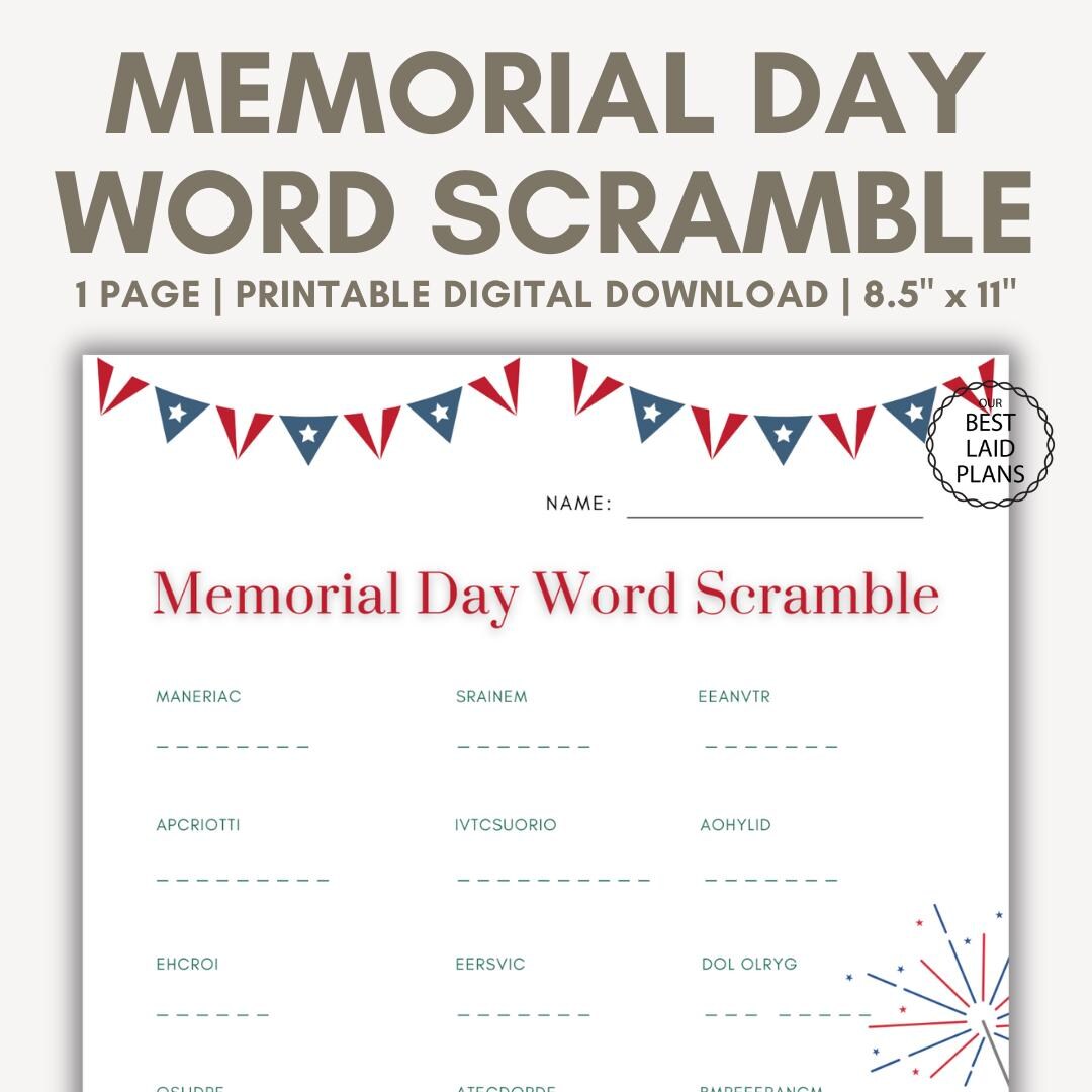 Memorial Day Word Scramble Printable PDF Word Unscramble Word Scramble ...