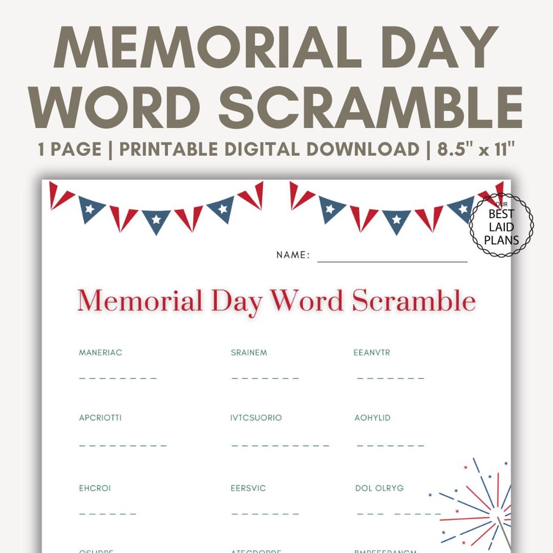 Memorial Day Word Scramble Printable PDF Word Unscramble Word Scramble ...
