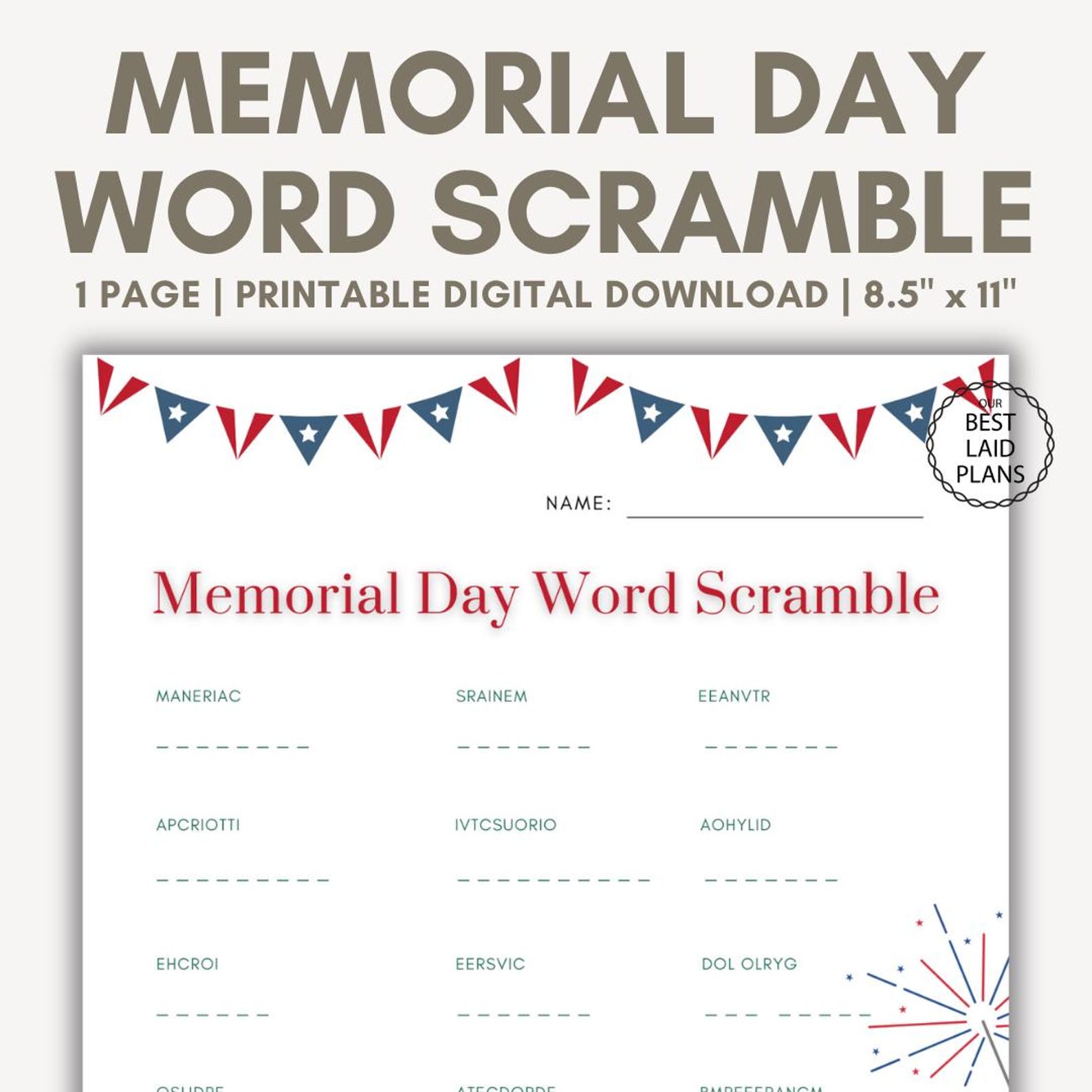 Memorial Day Word Scramble Printable PDF Word Unscramble Word Scramble ...