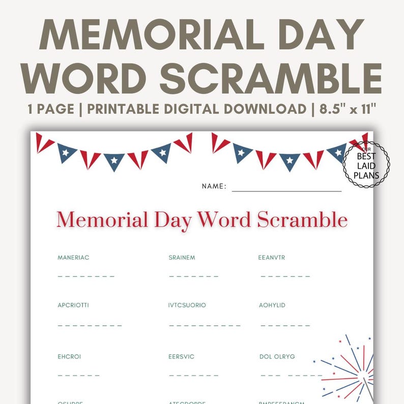 Memorial Day Word Scramble Printable PDF Word Unscramble Word Scramble ...