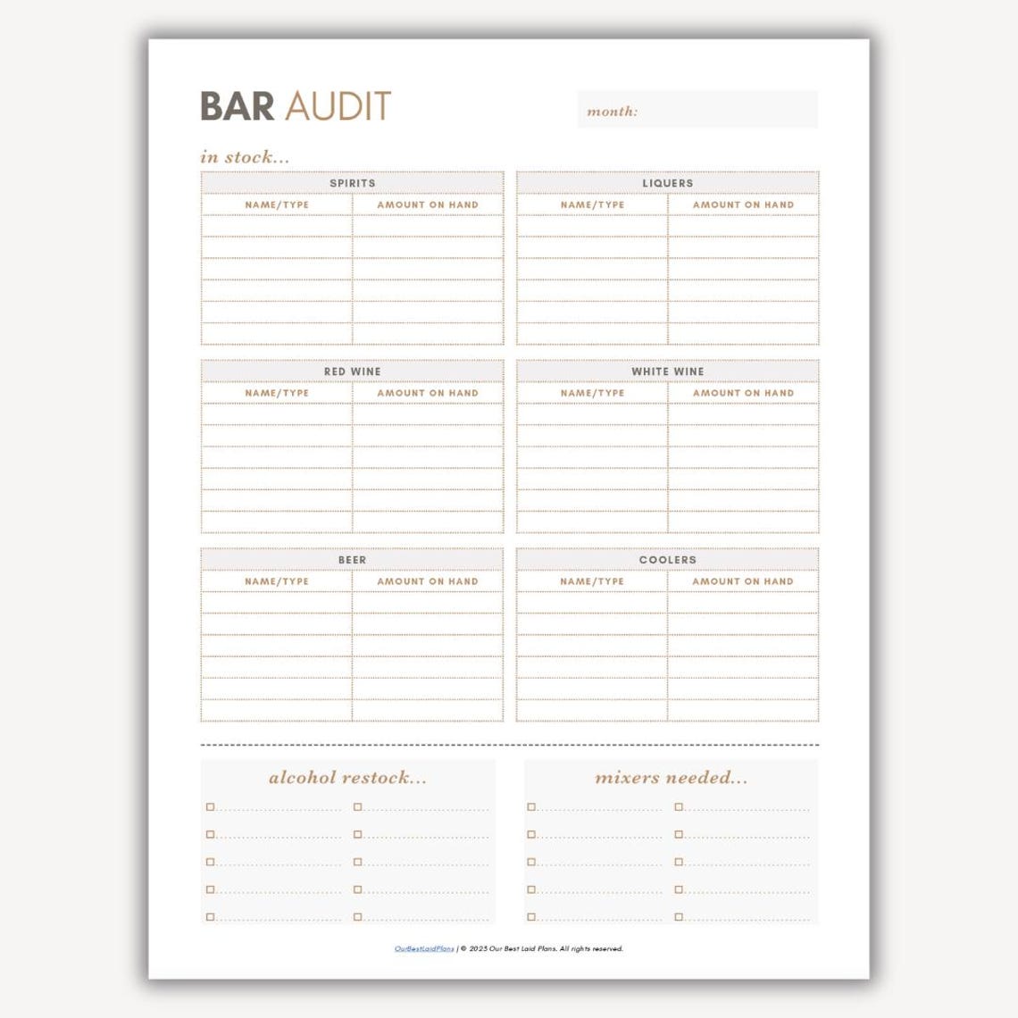 Bar Audit Printable PDF Home Bar Inventory Checklist Bar Restock Bar ...