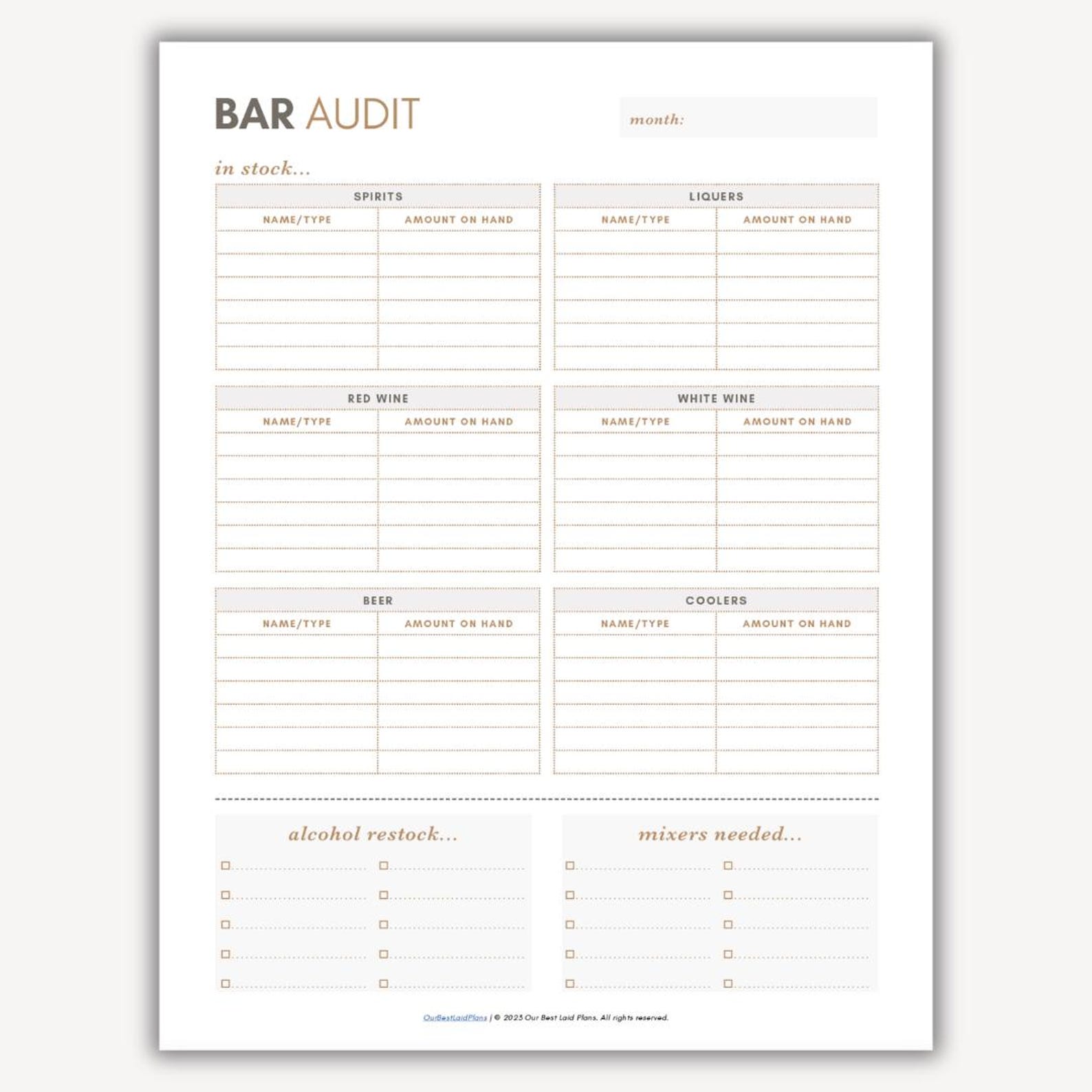 Bar Audit Printable PDF Home Bar Inventory Checklist Bar Restock Bar ...